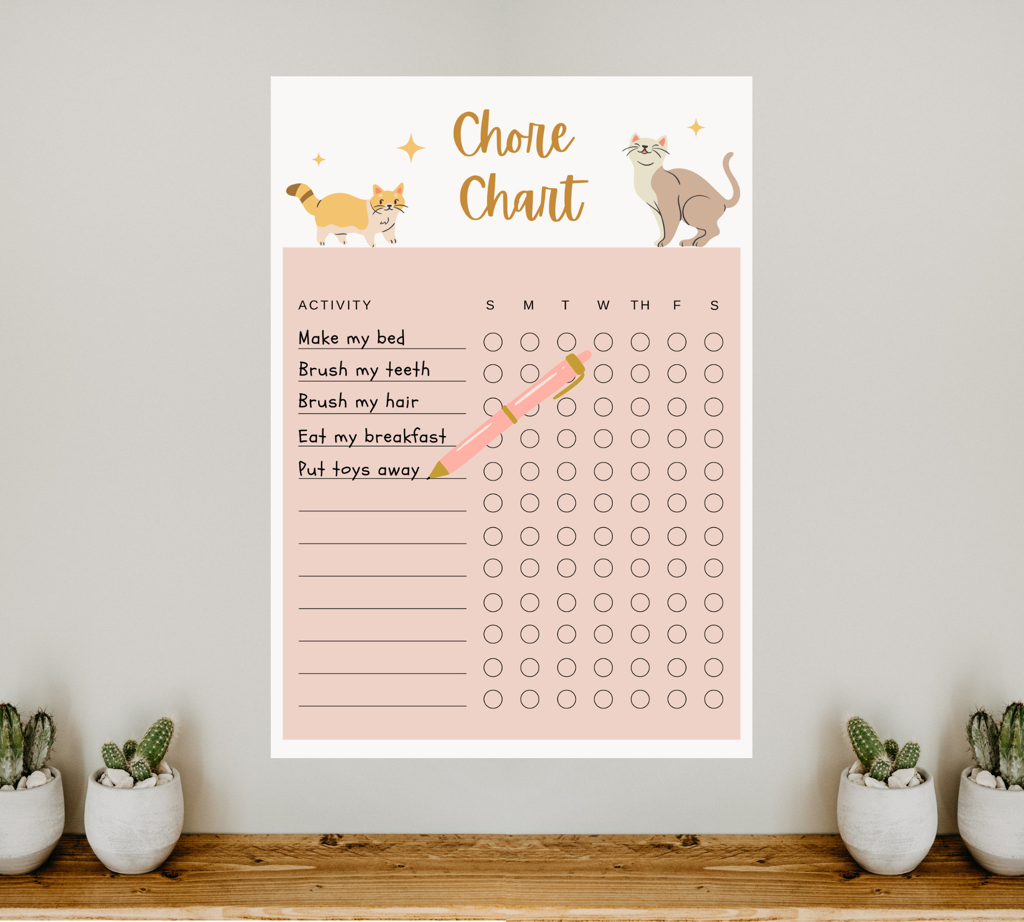 Printable Weekly Kids Cat Chore Chart, Reward Chore Chart for Children ...
