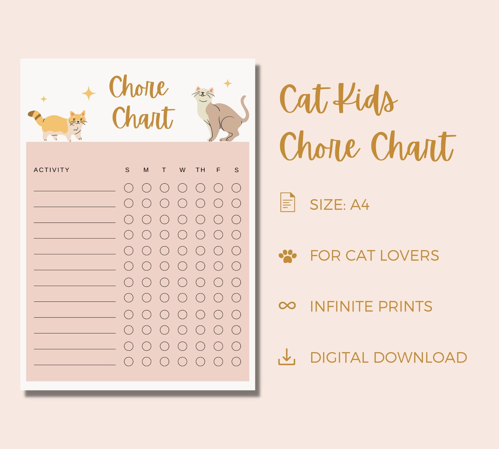 Printable Weekly Kids Cat Chore Chart, Reward Chore Chart for Children ...