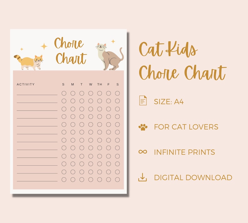 Printable Weekly Kids Cat Chore Chart, Reward Chore Chart for Children ...