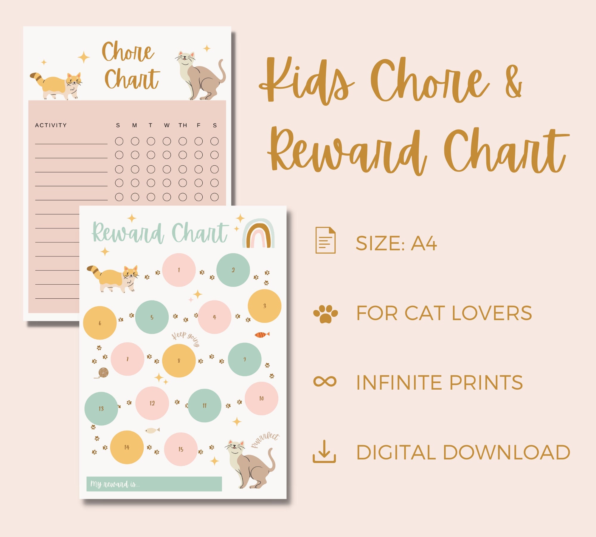 Printable PDF Kids Cat Chore and Reward Chart, Reward & Chore Chart for ...
