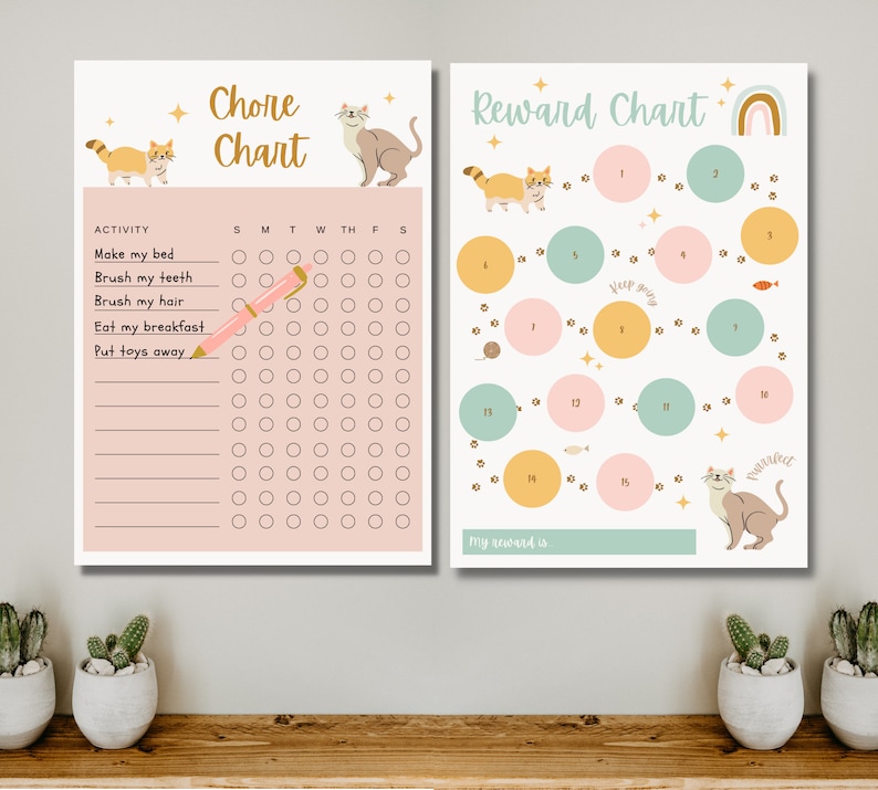 Printable PDF Kids Cat Chore and Reward Chart, Reward & Chore Chart for ...