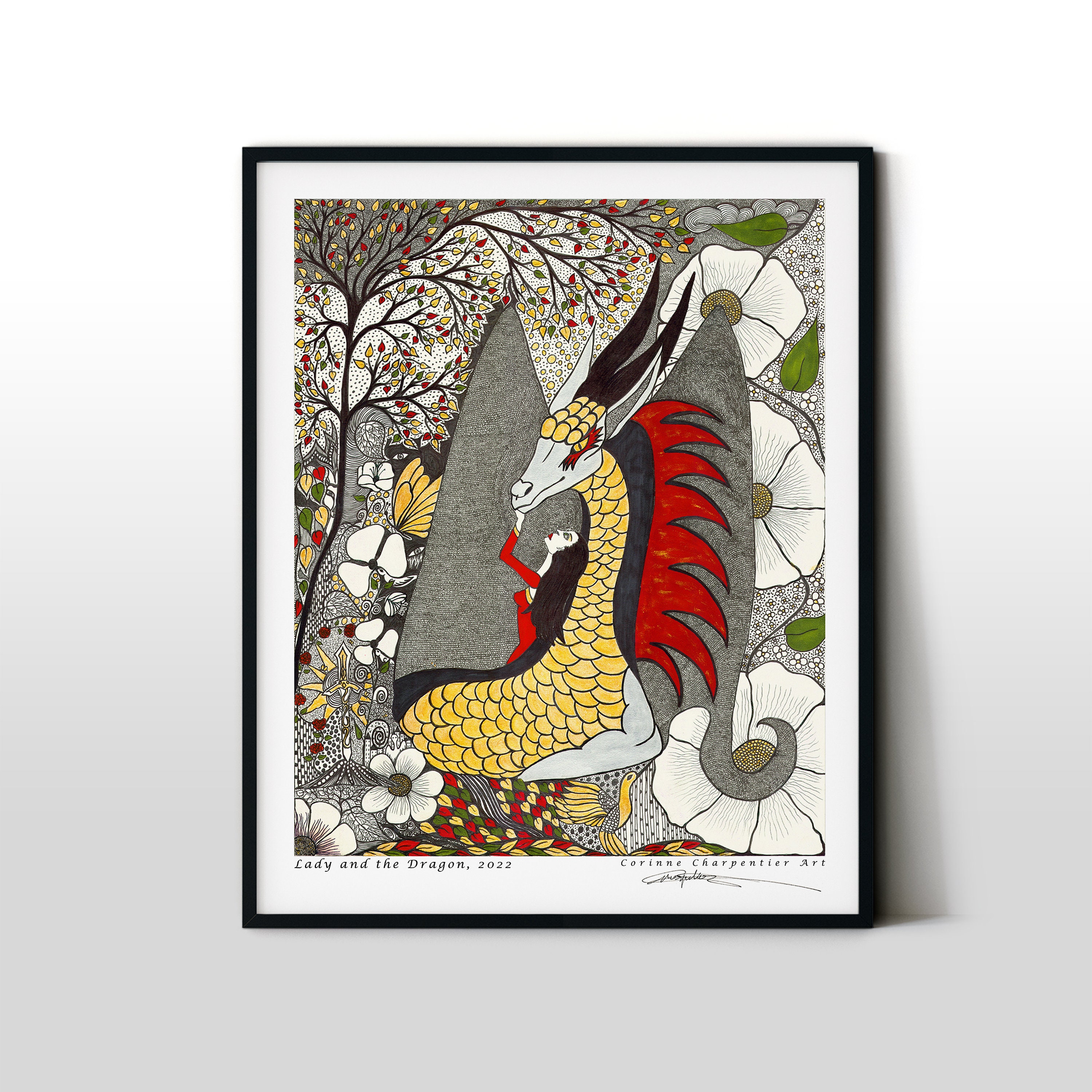 Lady and the Dragon. Alluring Maximalist Wall Art. Abstract Modern Line ...