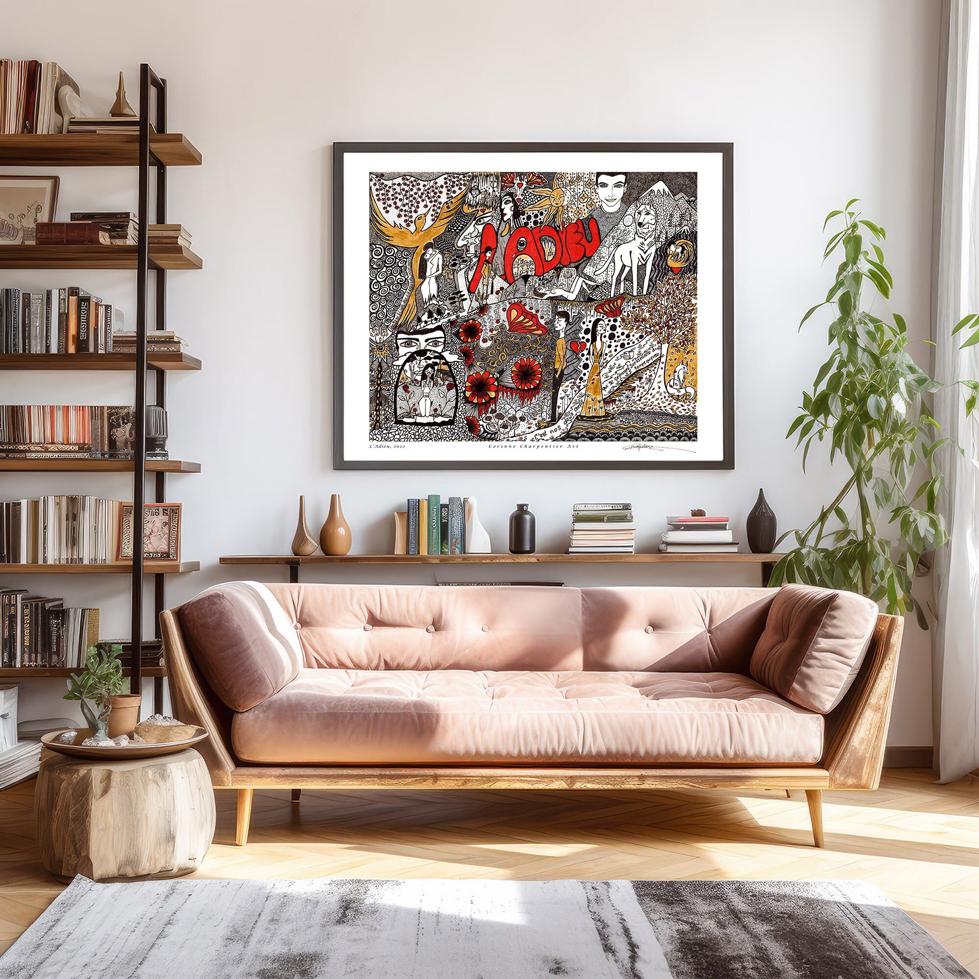 L'adieu. Gold, Black and Red Maximalist Wall Art. Abstract Modern Line ...