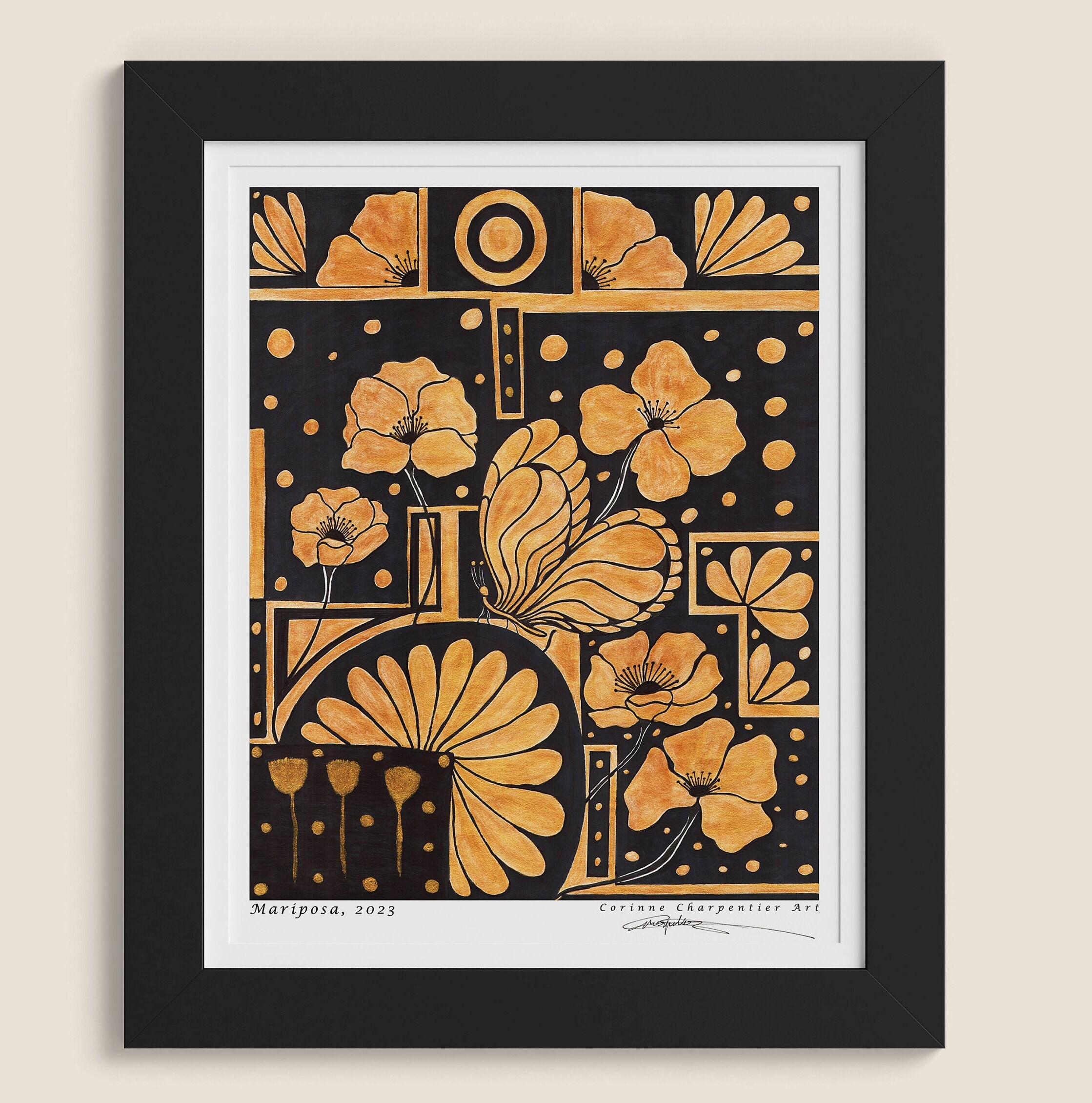 Mariposa. Black and Gold Maximalist Wall Art. Abstract Modern Line ...
