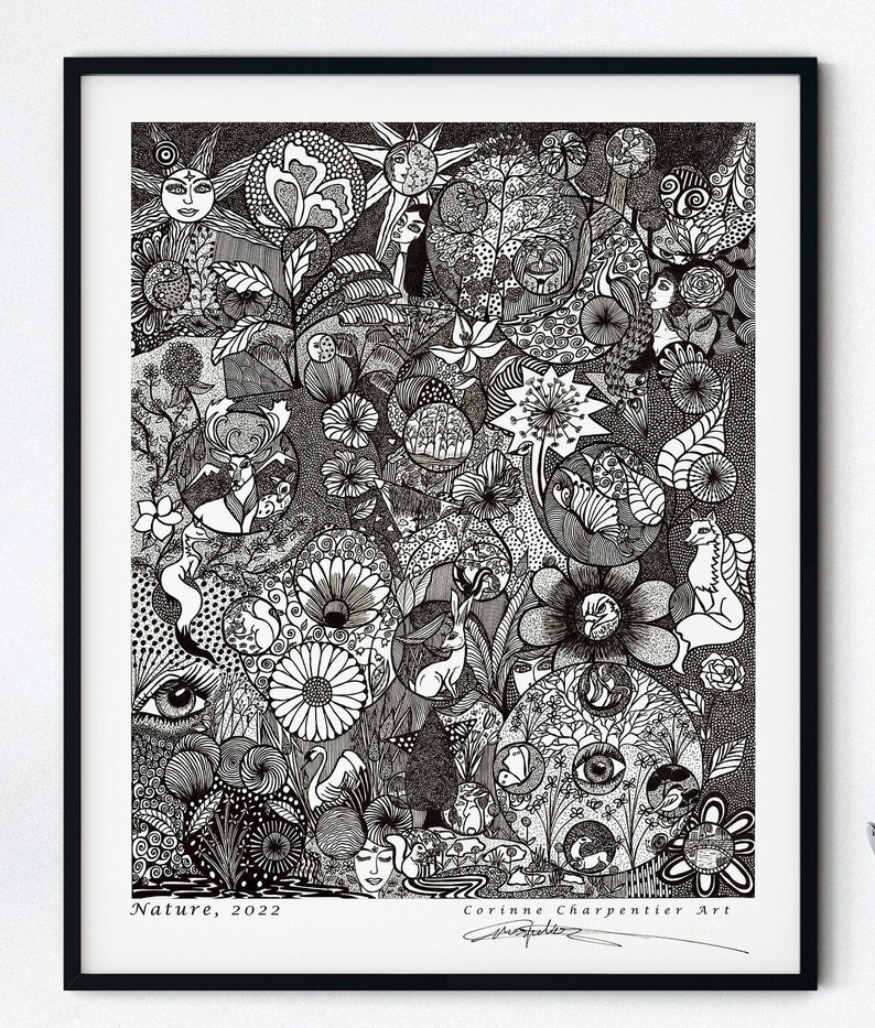Nature. Black and White Abstract Modern Handmade Drawing. Maximalist ...