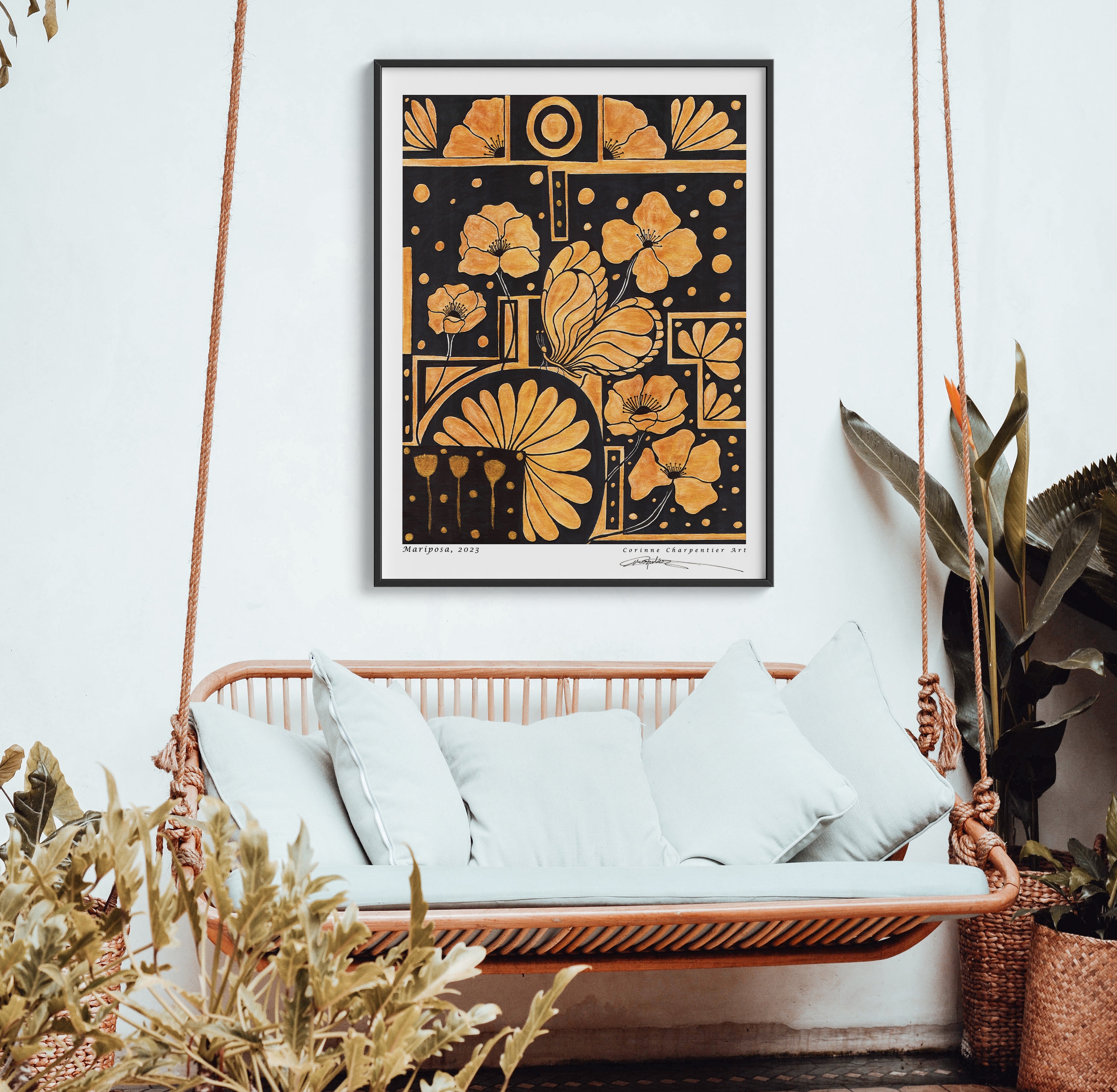 Mariposa. Black and Gold Maximalist Wall Art. Abstract Modern Line ...