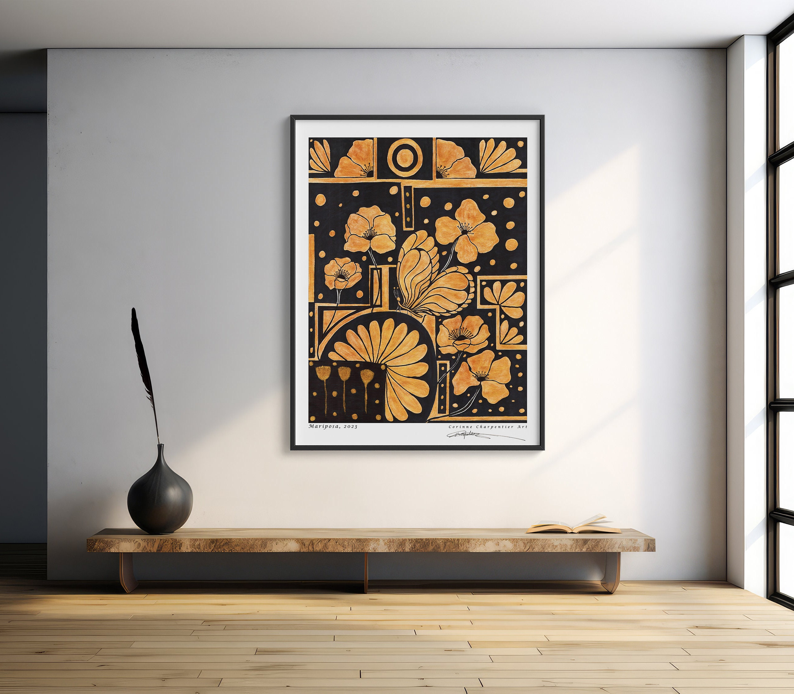Mariposa. Black and Gold Maximalist Wall Art. Abstract Modern Line ...
