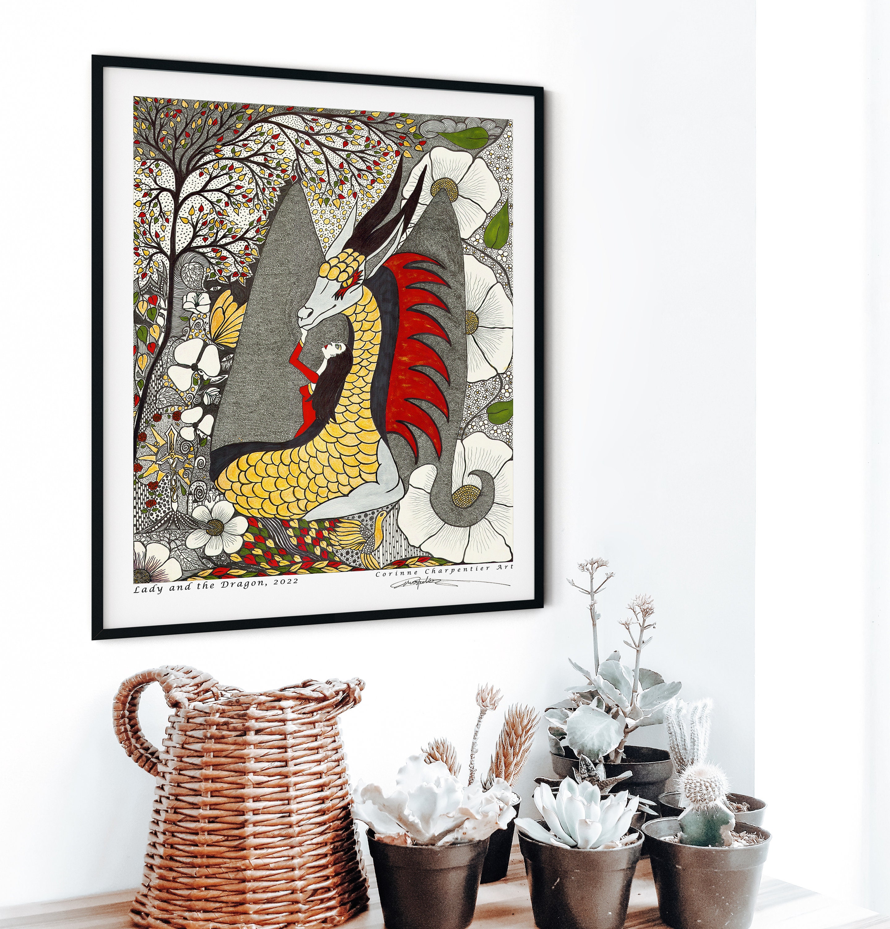 Lady and the Dragon. Alluring Maximalist Wall Art. Abstract Modern Line ...