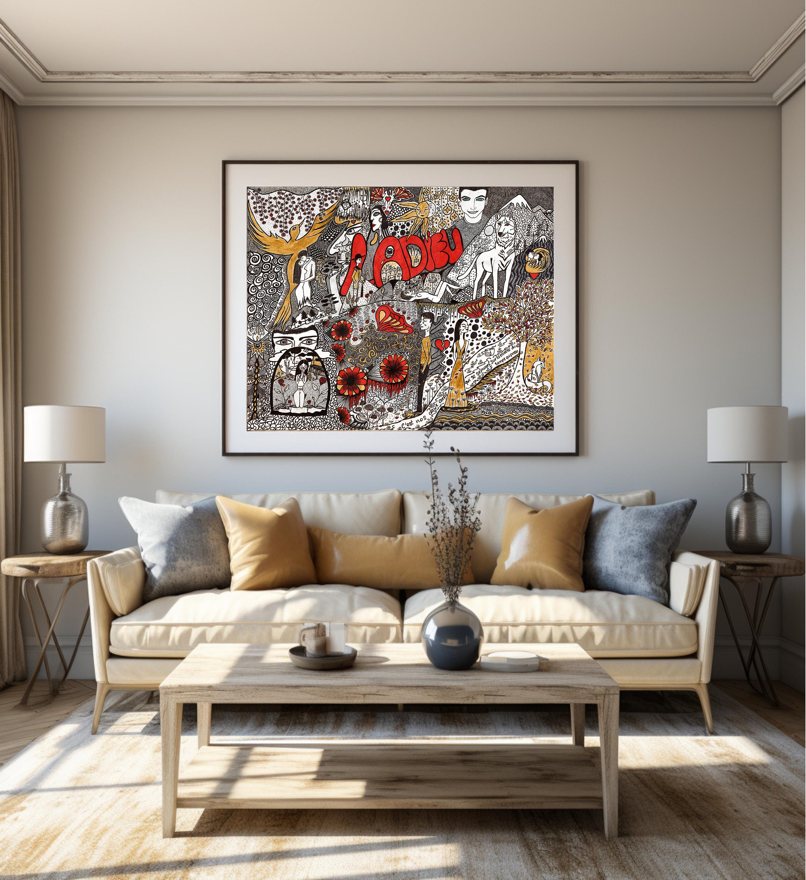 L'adieu. Gold, Black and Red Maximalist Wall Art. Abstract Modern Line ...