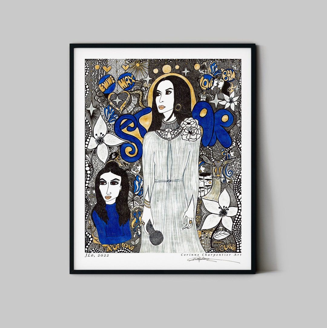 J Lo. Blue Silver Maximalist Wall Art. Abstract Modern Line Drawing ...