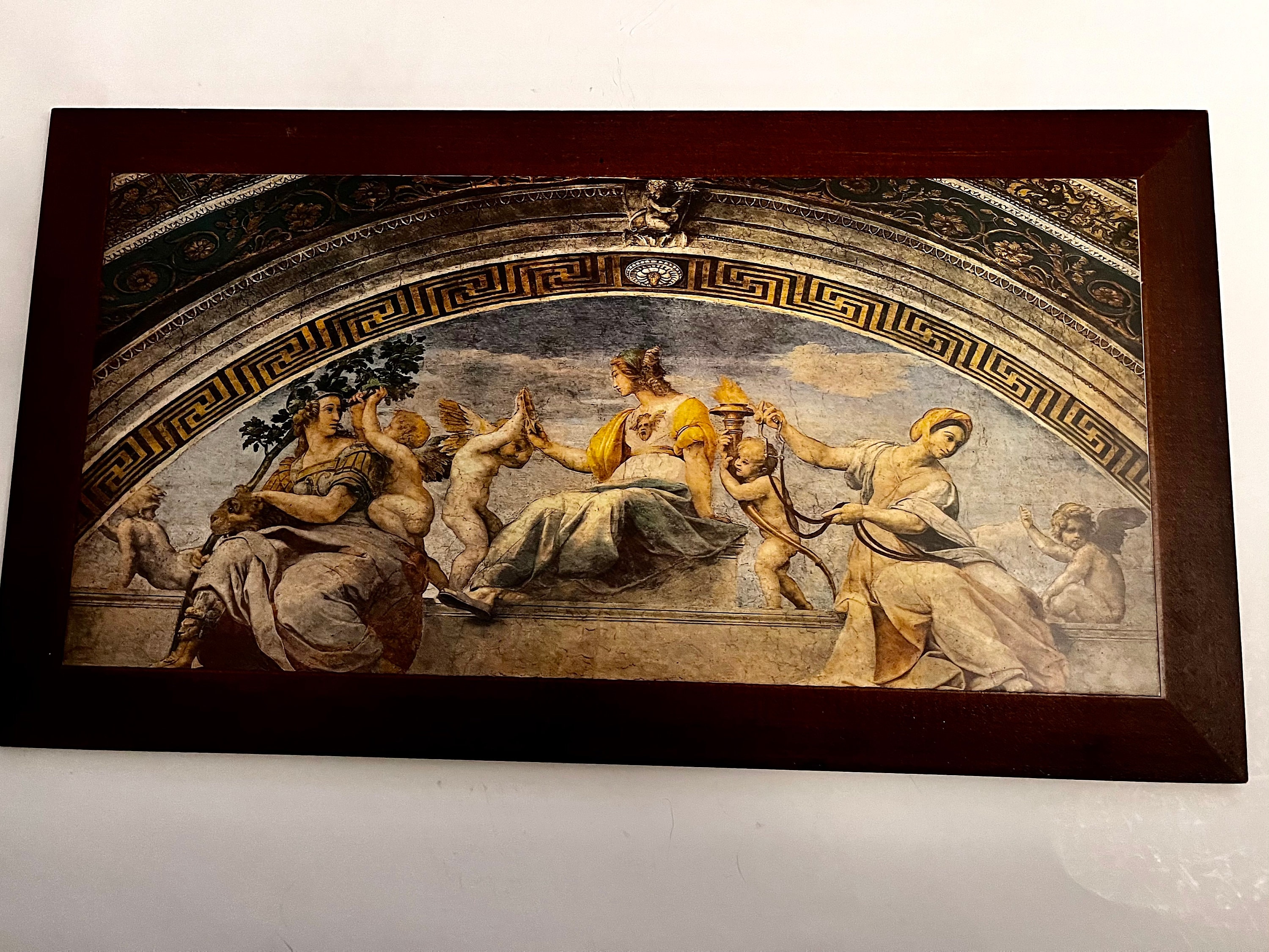 Walnut Wood Lithography Scene Allegory of Virtue Plaque Angels Made in ...