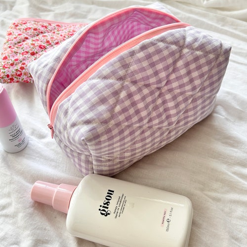 Handmade Quilted Makeup Bag Pink Floral Gingham Cosmetic Etsy
