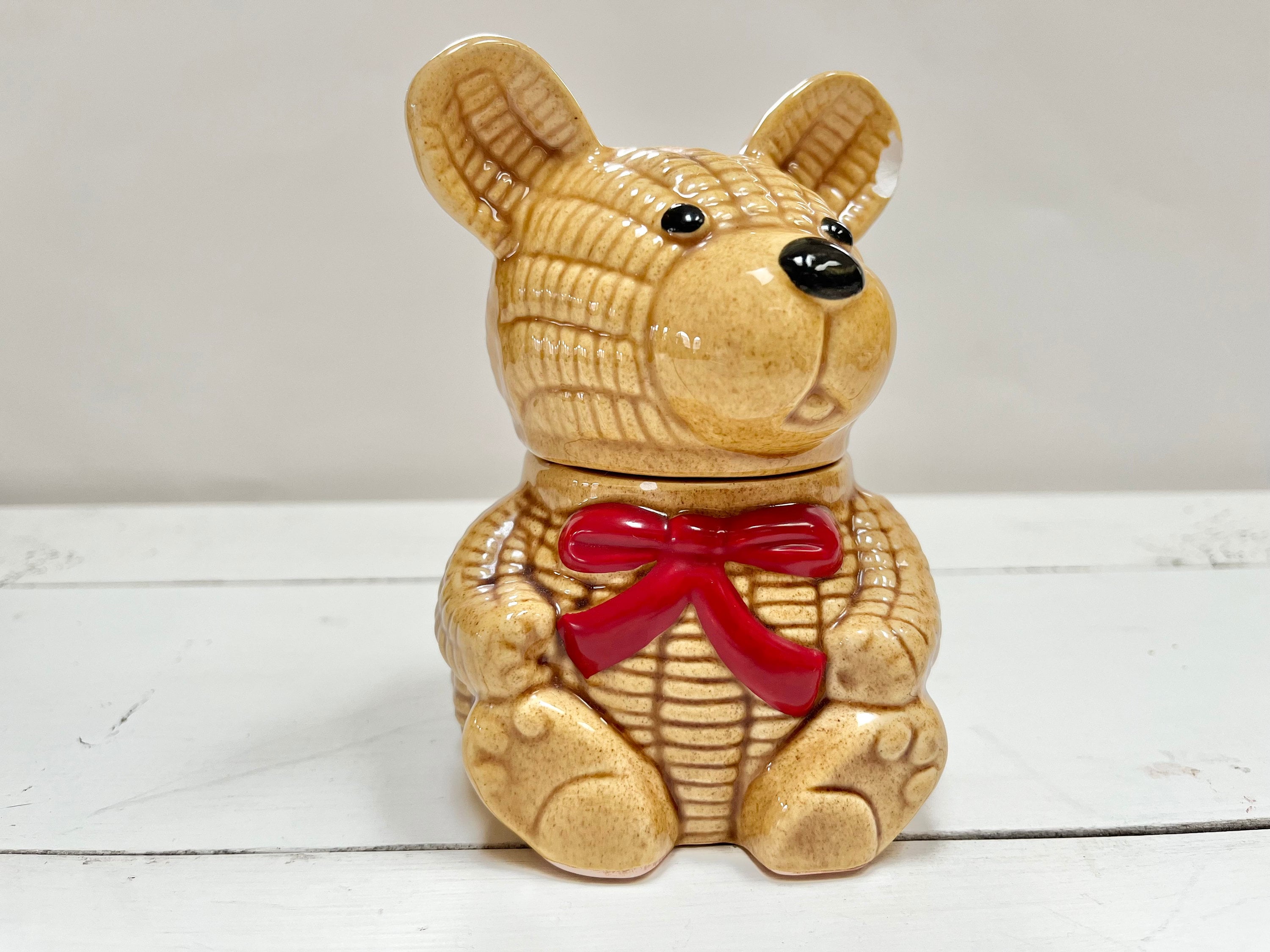 Light Brown Honey Bear Pot Vintage Ceramic Sitting Cute Red Bow Teddy ...