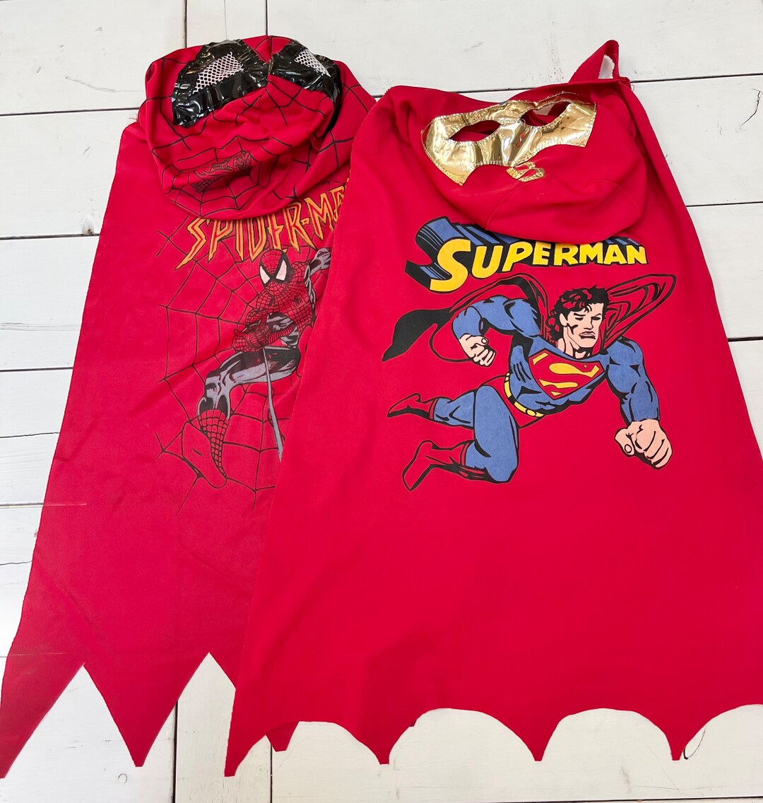 Vintage Spiderman and Superman Red Capes With Mask Hood Kids Dress-up ...