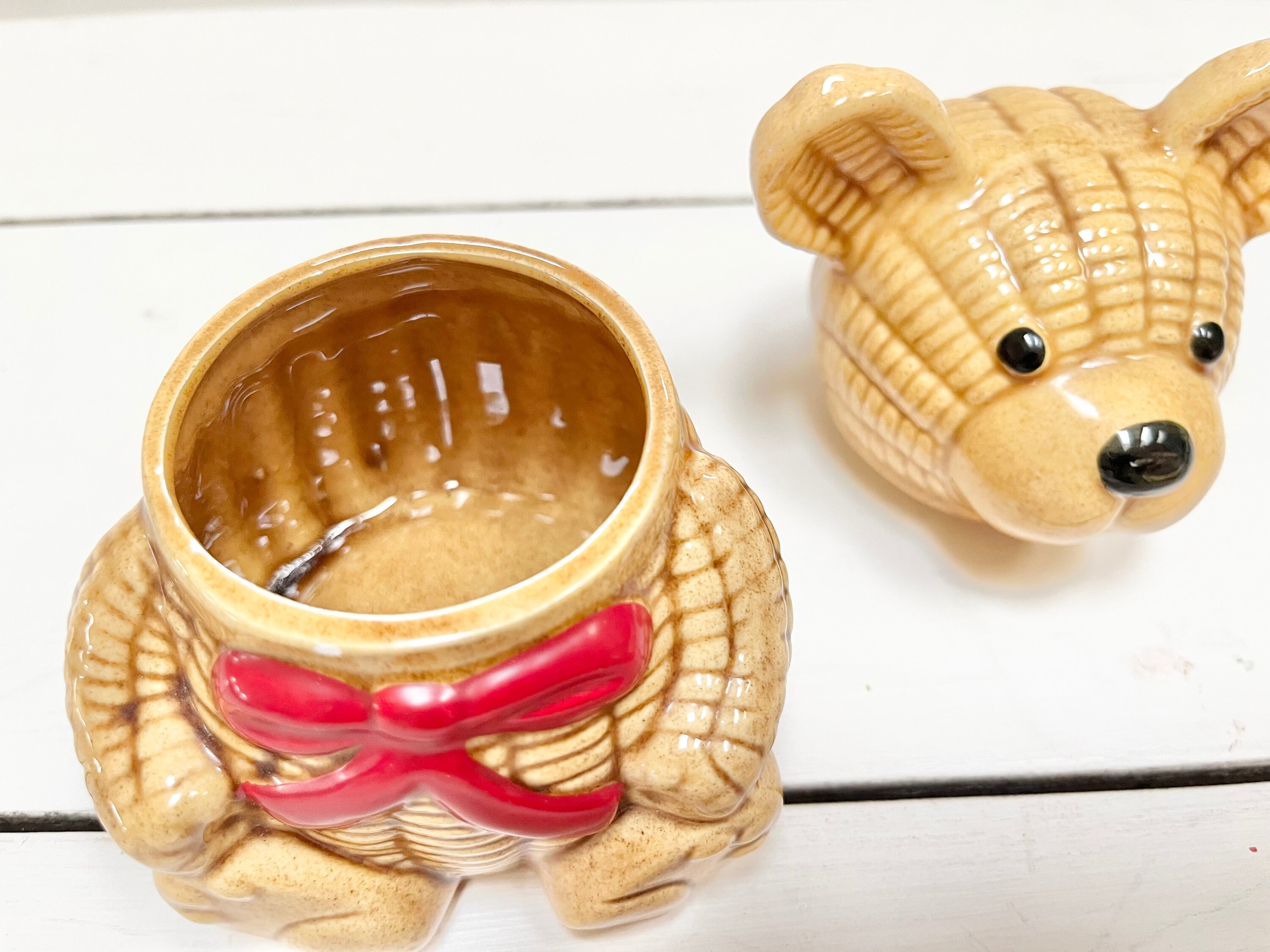 Light Brown Honey Bear Pot Vintage Ceramic Sitting Cute Red Bow Teddy ...