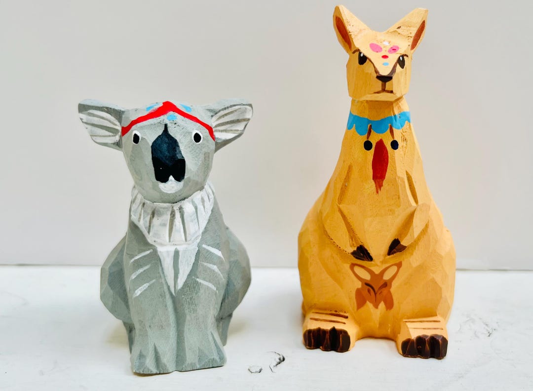 Hand Carved Wooden Koala and Kangaroo Figurines Hand Painted Figures - Etsy