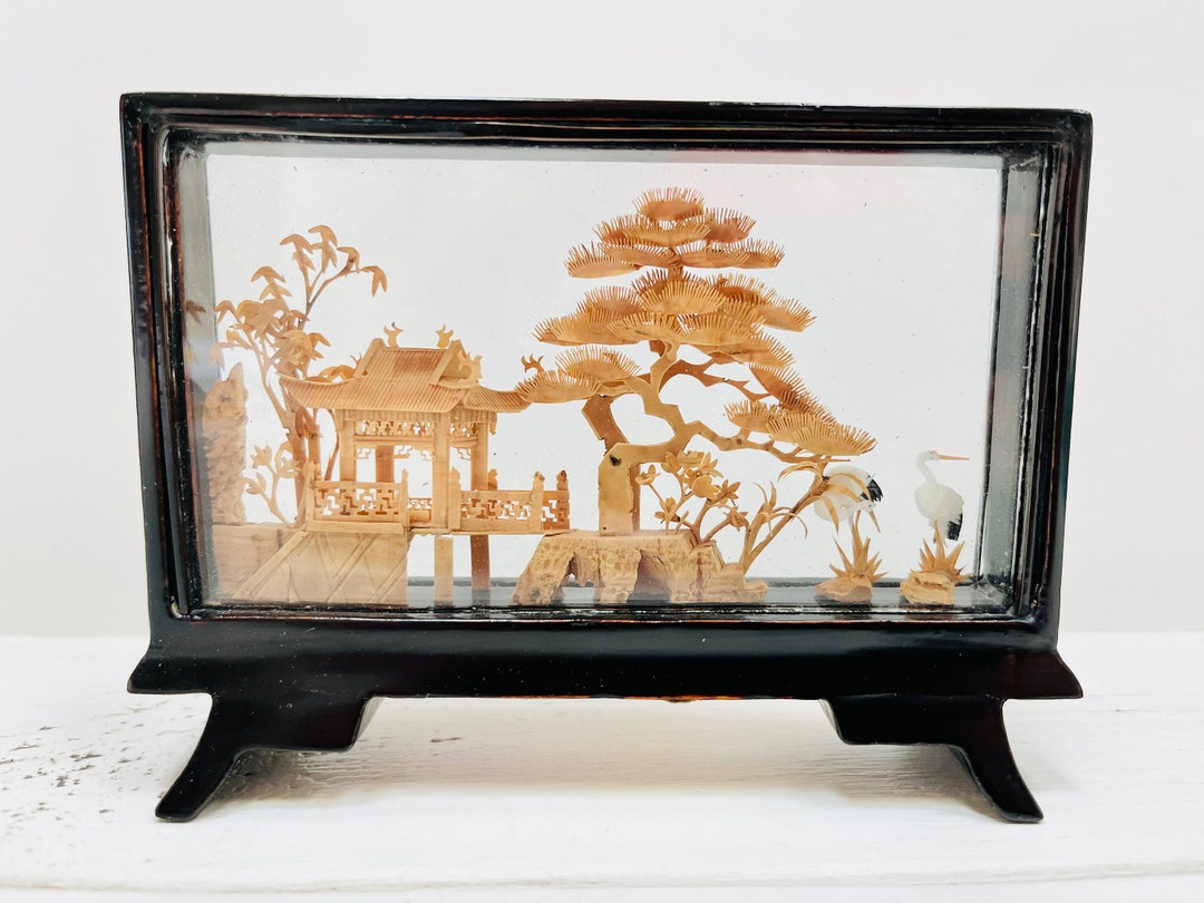 Vintage Chinese Cork Carving Enclosed Art Miniature Diorama Case Cranes ...