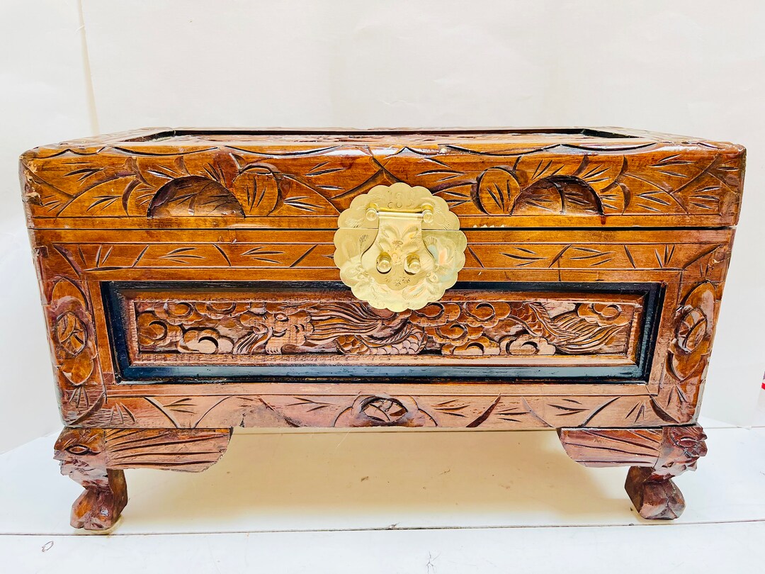 Antique Chinese Wooden Carved Chest Trunk Dragon Footed 18.75 Storage ...