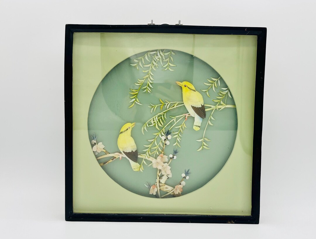 Vintage Shell Art Shadow Box: MCM 3D Birds Asian Style Framed Wall ...
