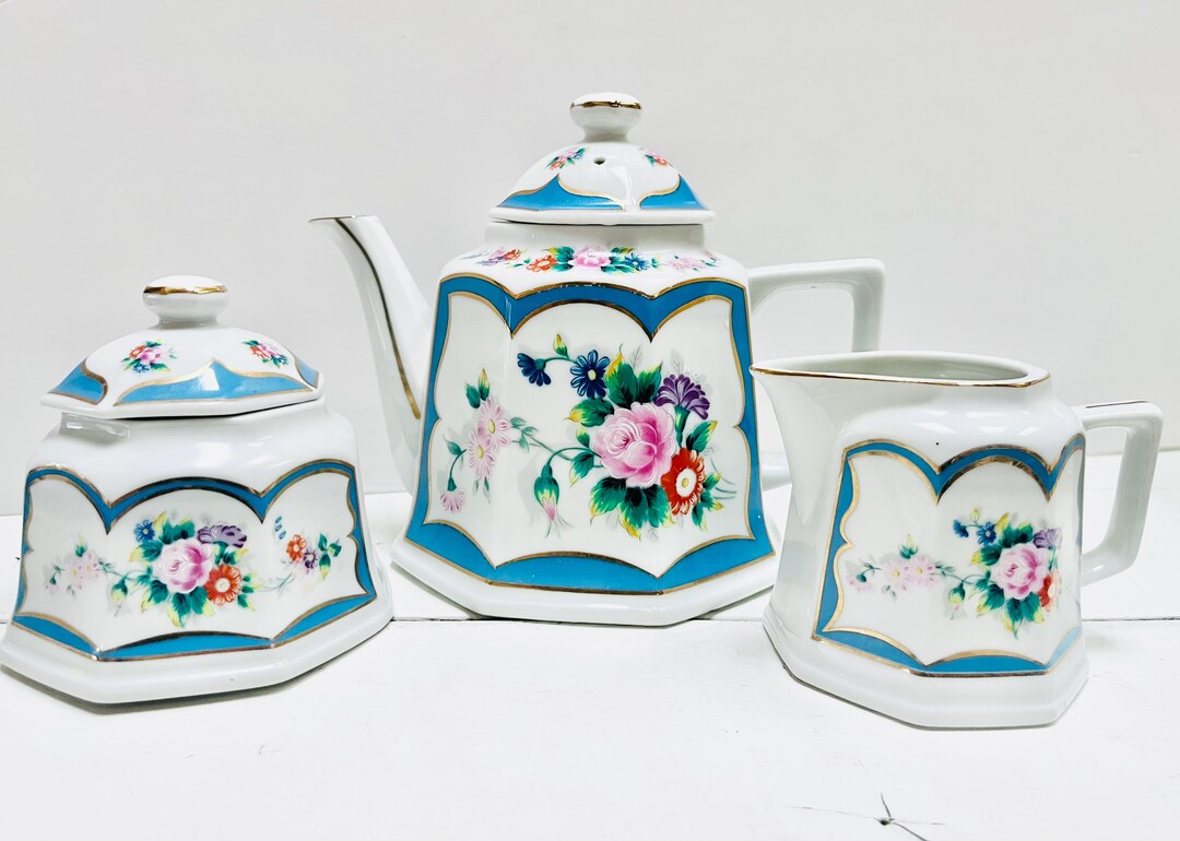 Japan Teapot Creamer Sugar Tea Set Octagon Blue Gold Trim Floral ...