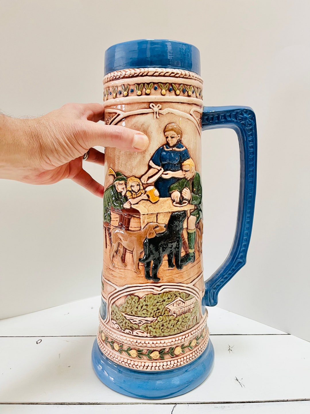 Vintage 70s Tall German Beer Stein Saint St. Florian 16 Blue Dogs ...