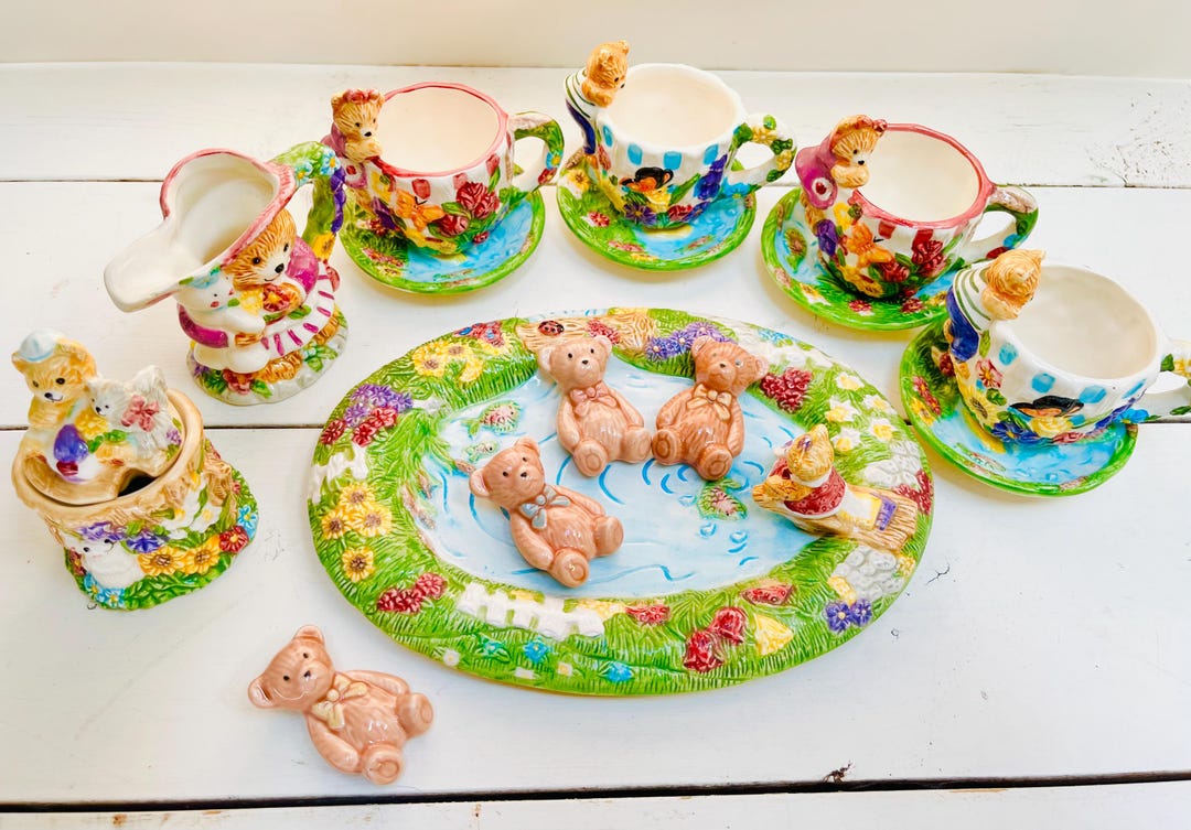 Vintage Teddy Bear Children's Tea Set Miniature 1996 Mercuries Cups ...