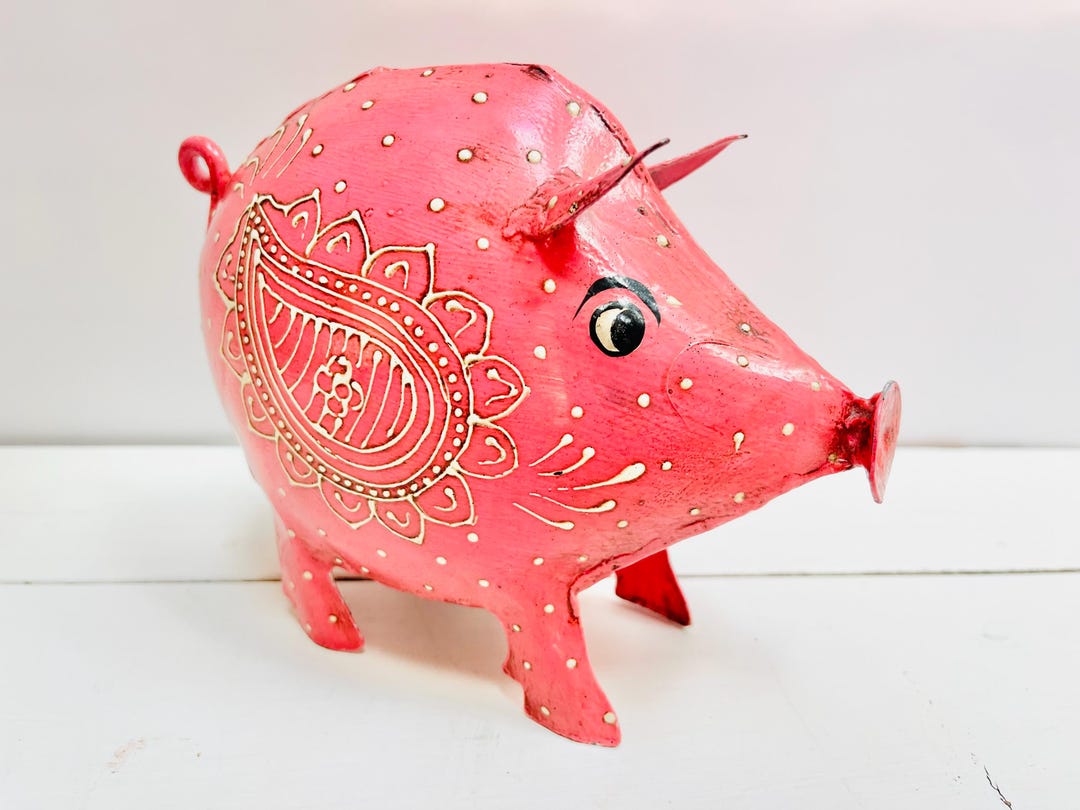Vintage Tin Pink Pig Shaped Piggy Bank Coin Money Hand Painted Pigs ...