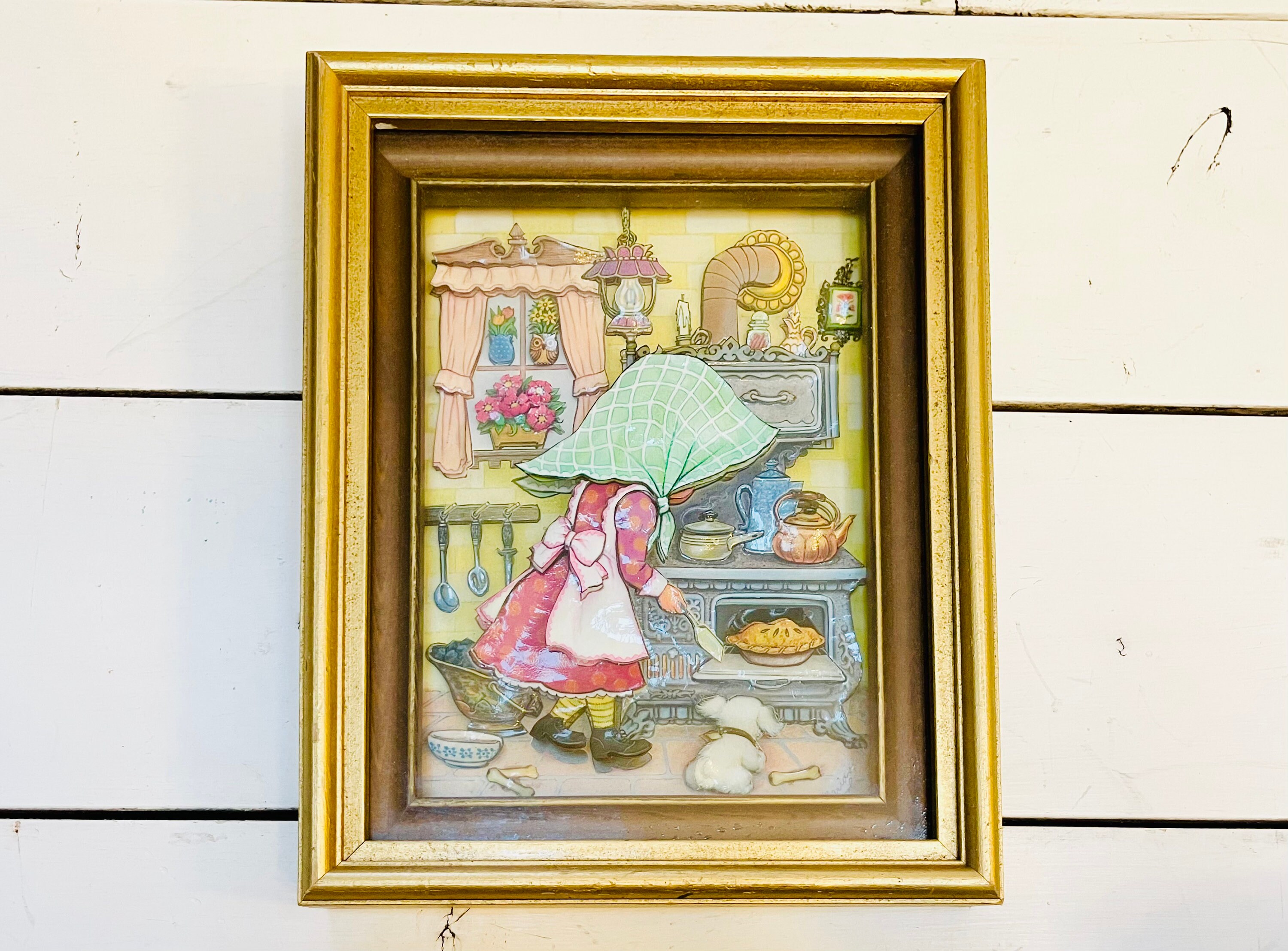 Vintage Paper Tole 3D Picture Wall Hanging Girl in Kitchen Gold Framed ...