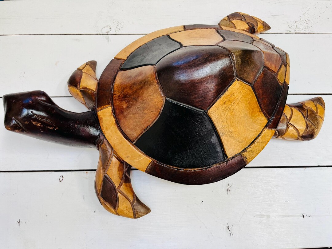 Large Vintage Hand Carved Wood Turtle Sculpture: Stained Ocean Art (20 ...