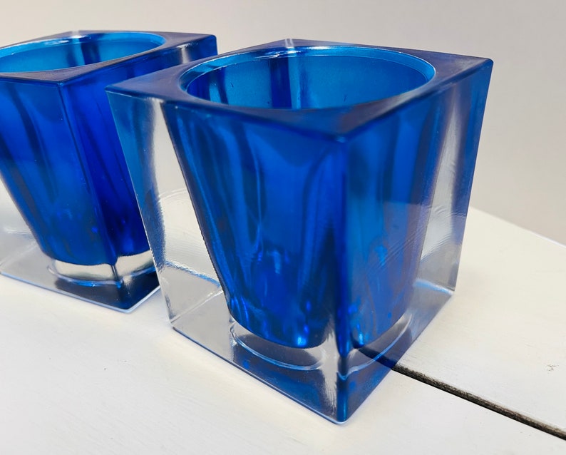 Heavy Clear and Cobalt Blue Square Glass Candle Votives Holders 3" Lot ...
