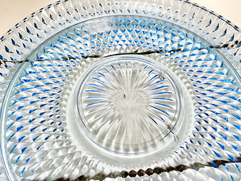 Clear Blue Glass Round Serving Platter Tray Torte Plate Indiana Glass ...
