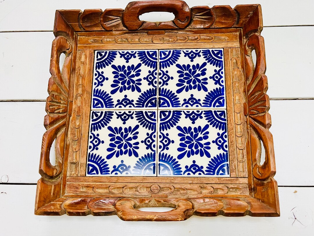 Vintage Mexican Hand Carved Wooden Ceramic Tile Serving Tray 13 Square ...