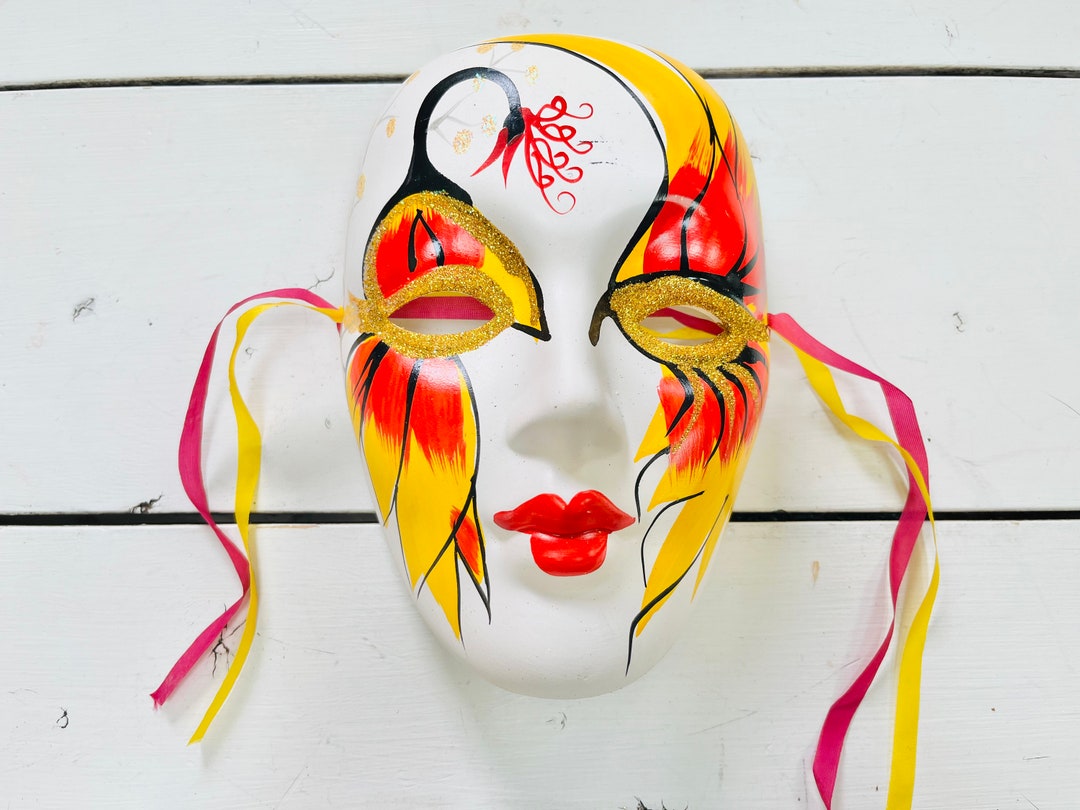 Vintage Ceramic Face Mask Mardi Gras Hand Painted Yellow Red Wall ...