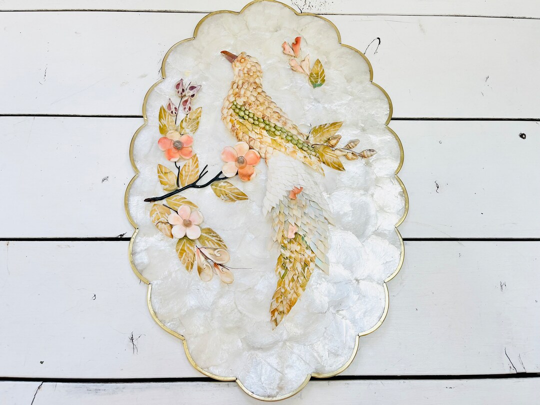 Vintage Capiz Shell Art Bird Flowers Scalloped Wall Hanging Seashell ...