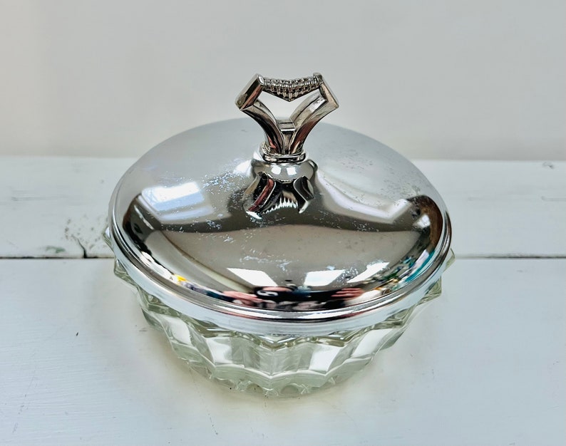 Vintage Clear Glass Ribbed Bowl With Silver Tone Metal Lidded Candy ...