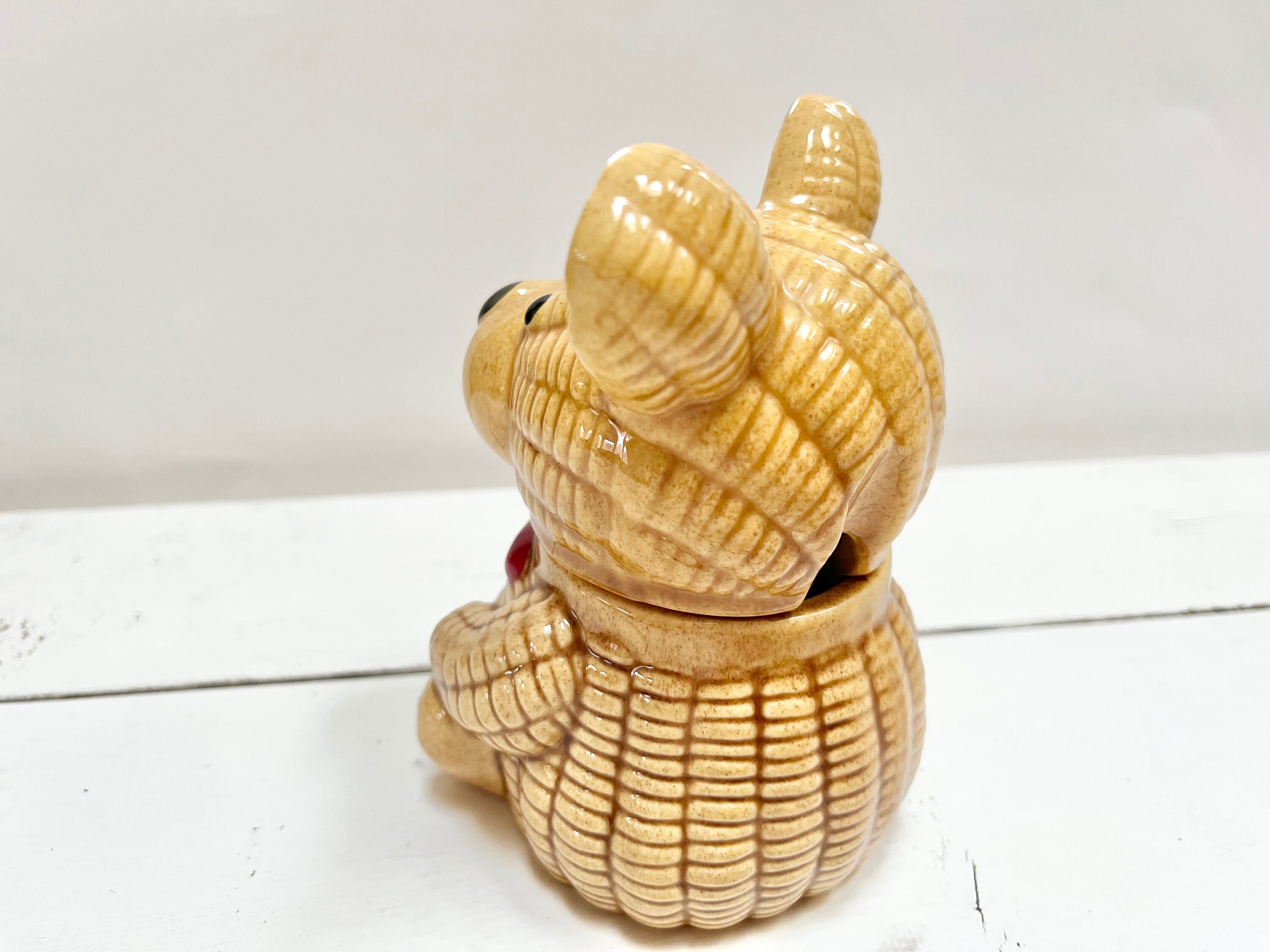 Light Brown Honey Bear Pot Vintage Ceramic Sitting Cute Red Bow Teddy ...