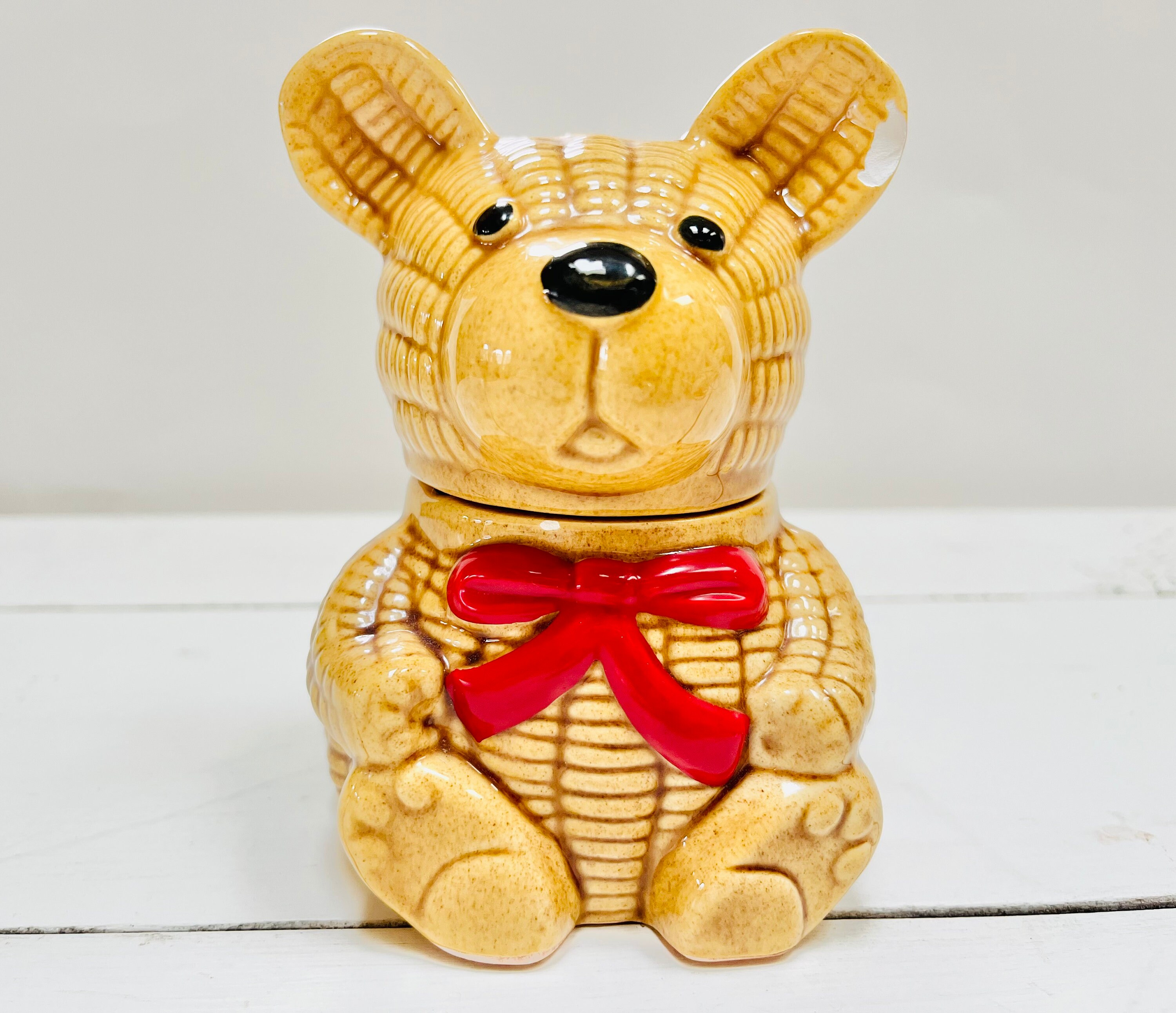 Light Brown Honey Bear Pot Vintage Ceramic Sitting Cute Red Bow Teddy ...