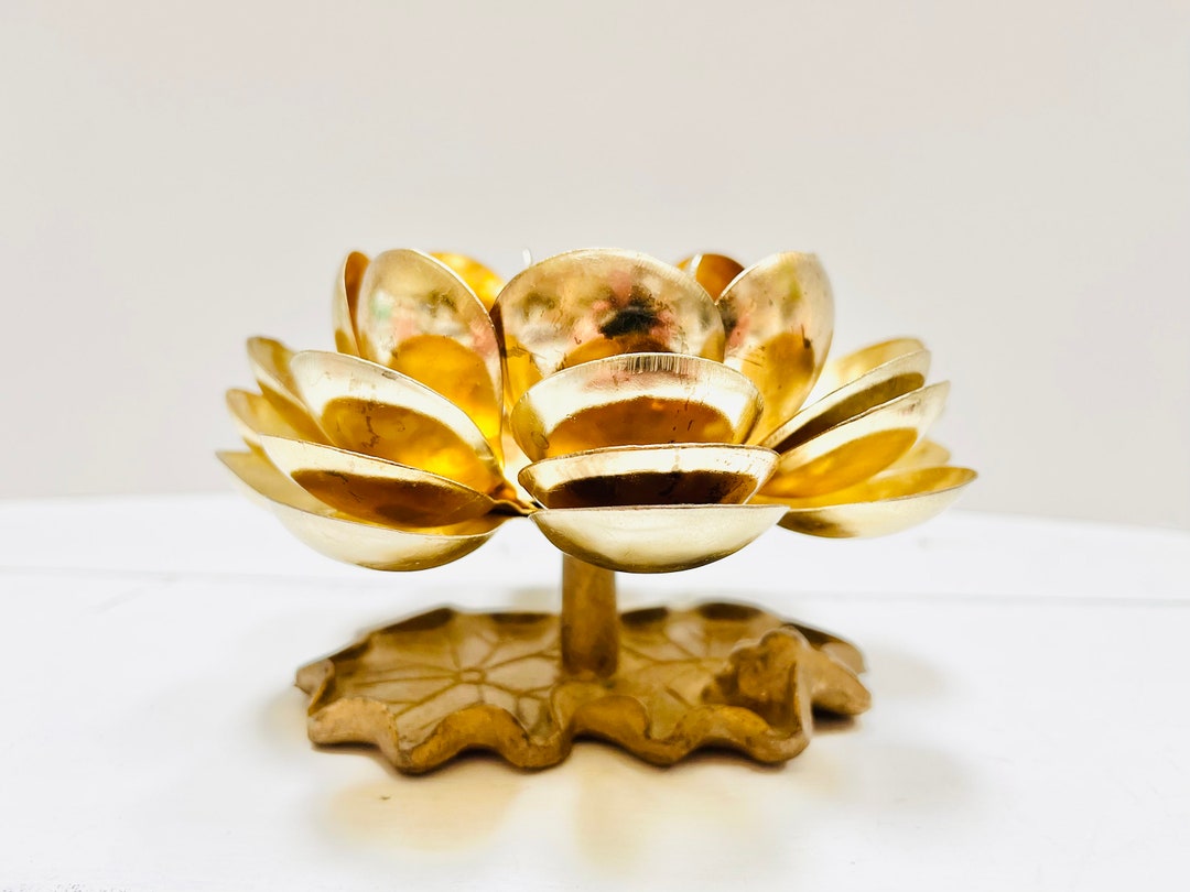 Vintage Brass Lotus Flower Candle Stick Holder Gold Colored Frog Lily ...