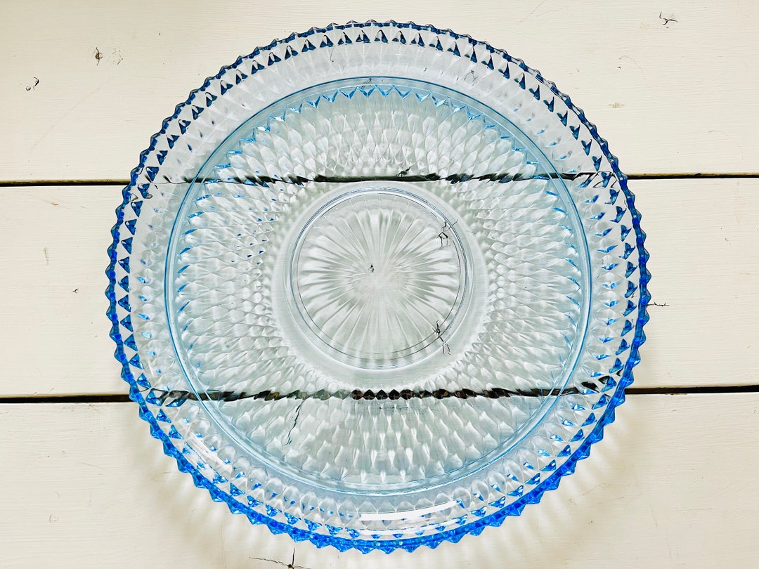 Clear Blue Glass Round Serving Platter Tray Torte Plate Indiana Glass ...