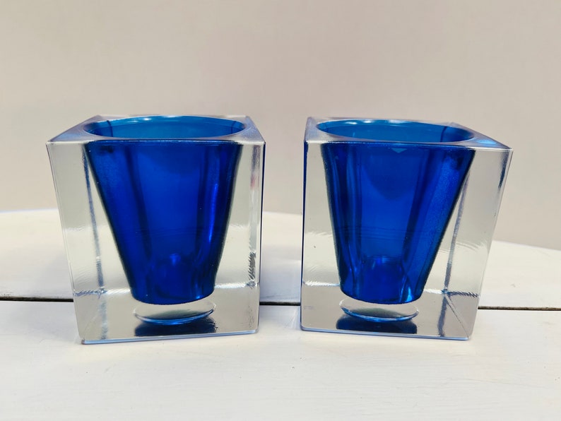 Heavy Clear and Cobalt Blue Square Glass Candle Votives Holders 3" Lot ...