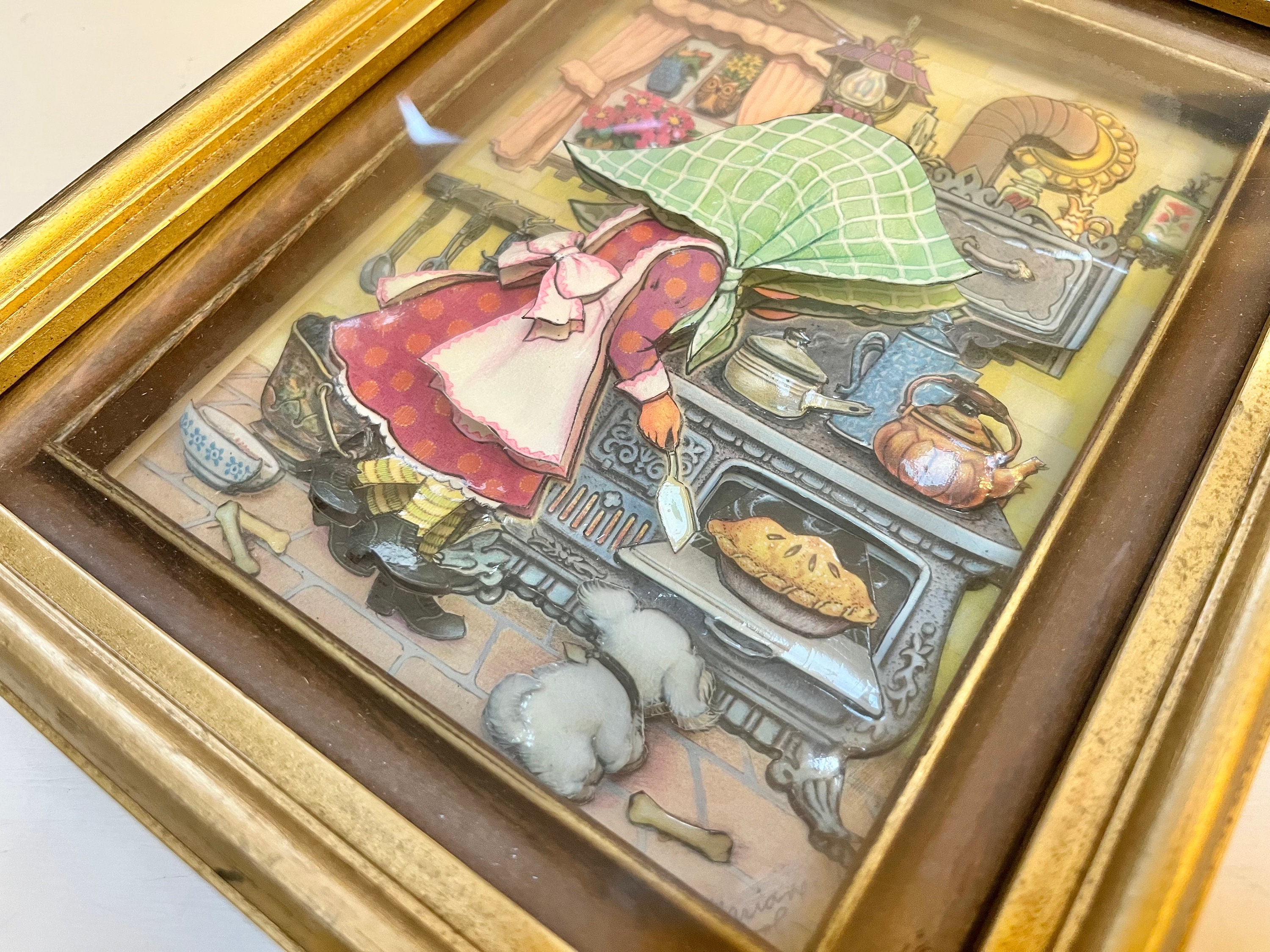 Vintage Paper Tole 3D Picture Wall Hanging Girl in Kitchen Gold Framed ...