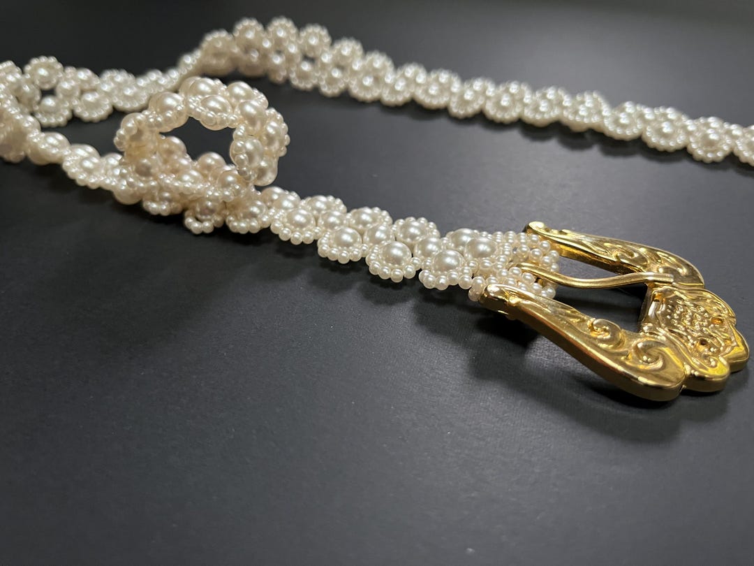 Vintage Pearl Beaded Belt Gold Tone Buckle Womens 42 Faux Pearls Beads ...