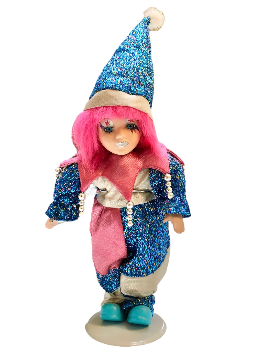 Jester Clown Porcelain Doll Pink Hair Girl Blue With Stand - Etsy