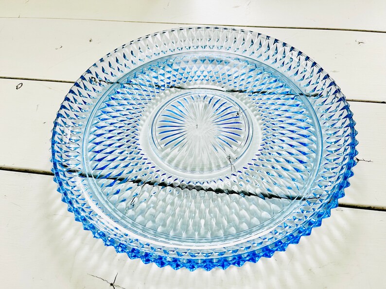 Clear Blue Glass Round Serving Platter Tray Torte Plate Indiana Glass ...