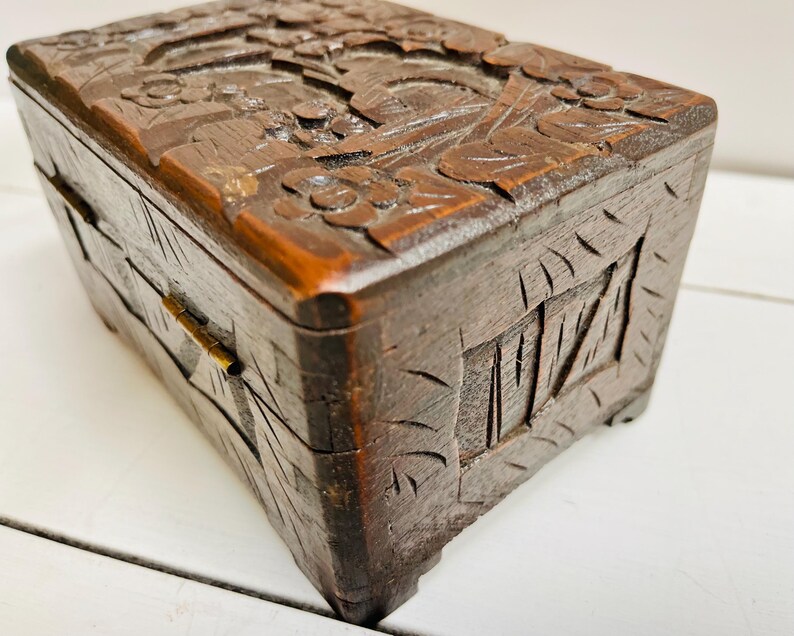 Vintage Chinese Carved Wood Box: Floral Trinket Chest With Brass Clasp ...