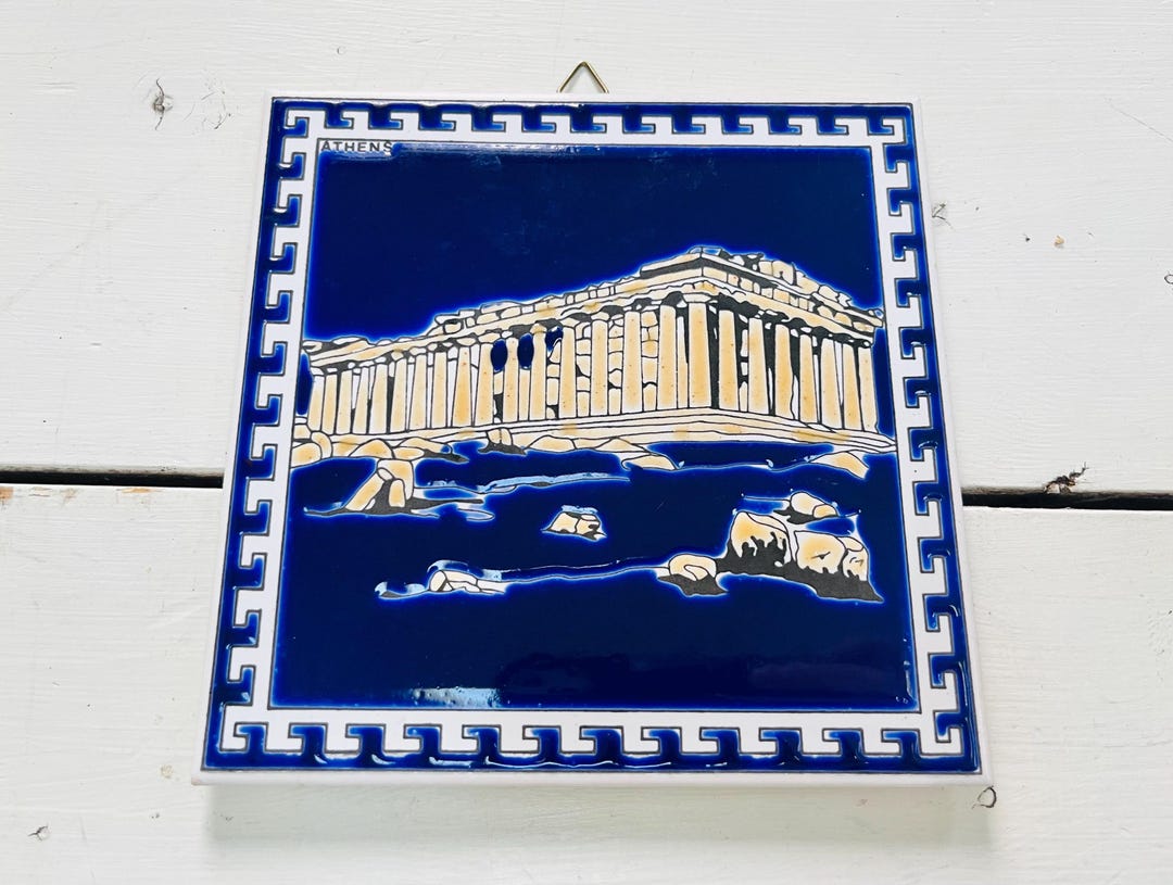 Vintage Athens Greece Ceramic Tile Trivet: Cobalt Blue Parthenon Decor ...
