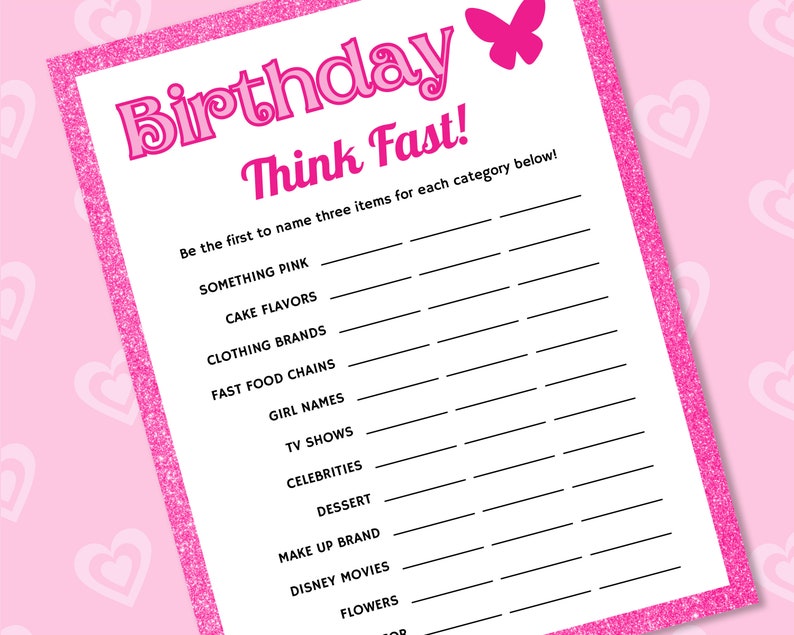 Pink Birthday Think Fast Tween, Teen Birthday Games Pink Party Games ...