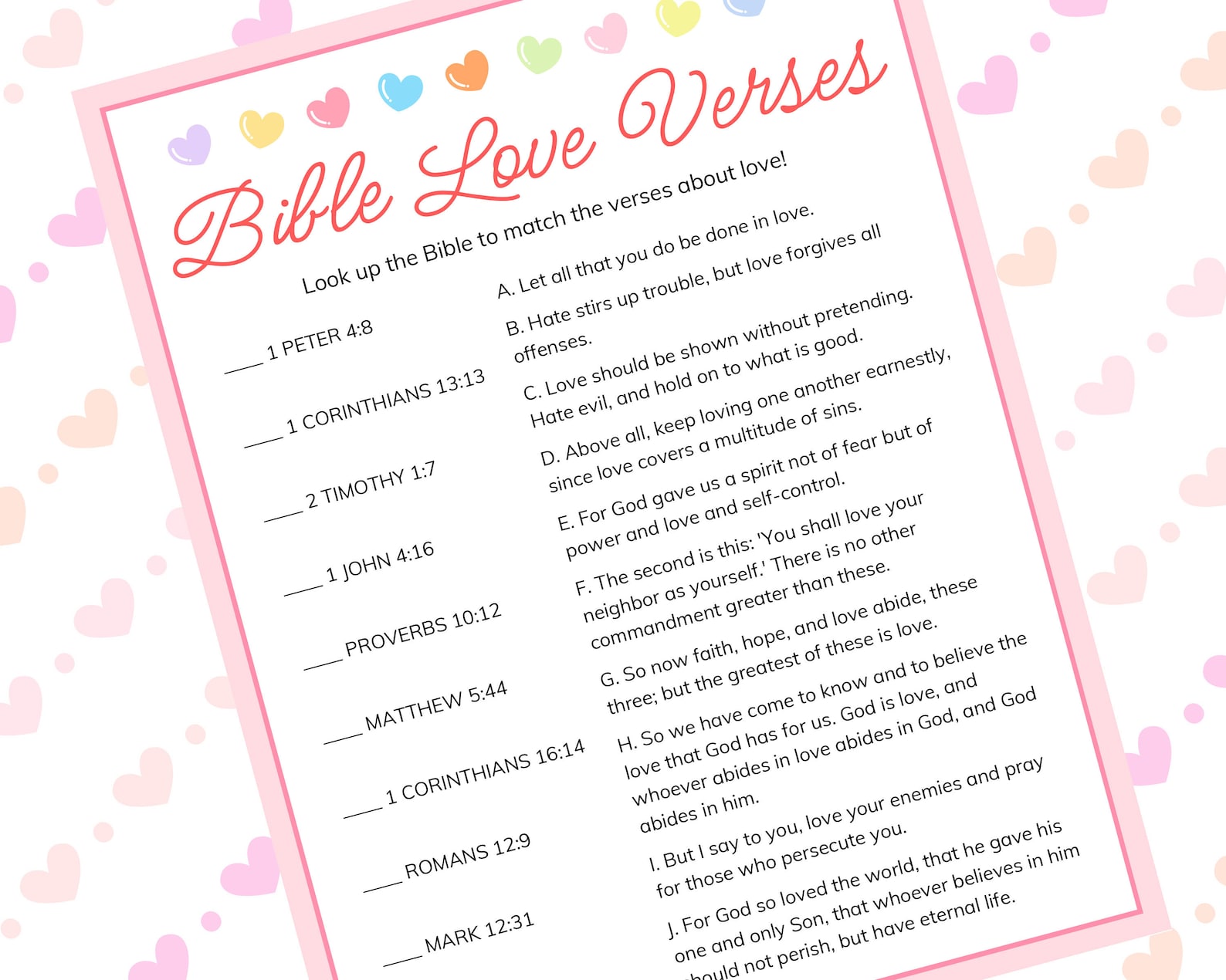 Love Bible Verses Match Game Bible Love Verses Quiz Printable Bible ...