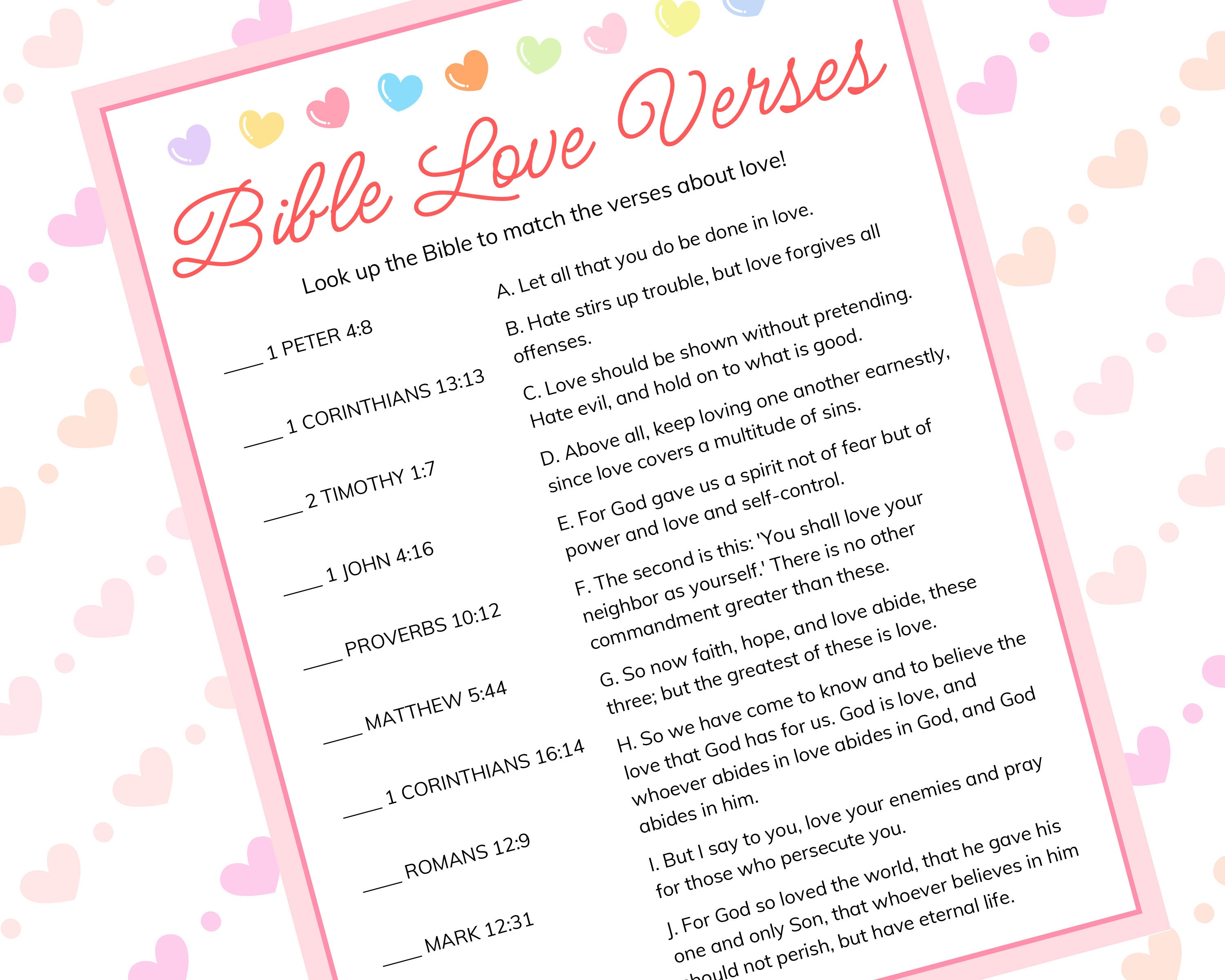 Love Bible Verses Match Game Bible Love Verses Quiz Printable Bible ...
