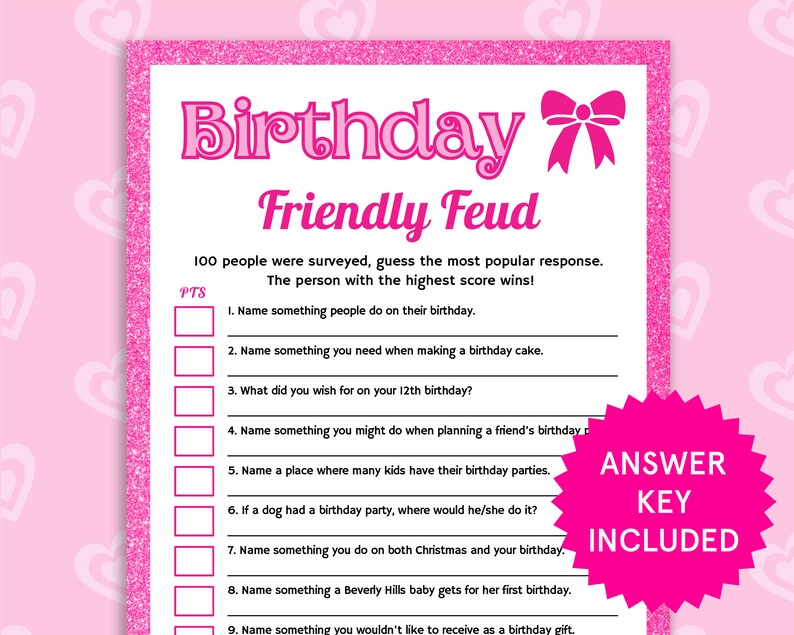 Birthday Friendly Feud Game Teen Girls Birthday Feud Pink Birthday ...